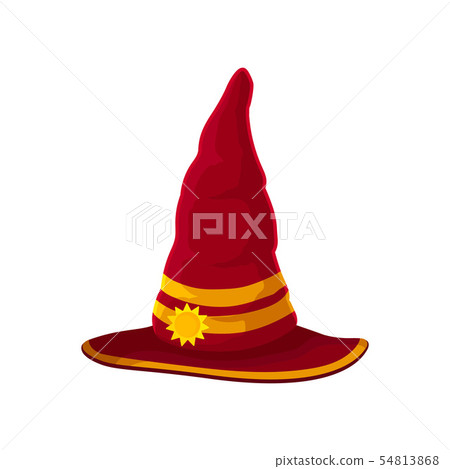 Red wizard hat with two golden ribbons. Vector...-插圖素材 [54813868] - PIXTA圖庫