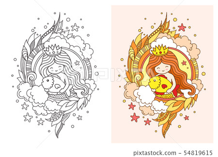 Little kawaii mermaid with big yellow fish. - Stock Illustration ...