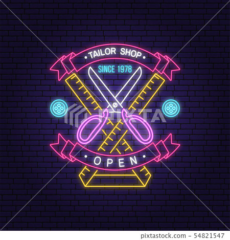 Tailor shop neon design or emblem. Vector.... - Stock Illustration ...