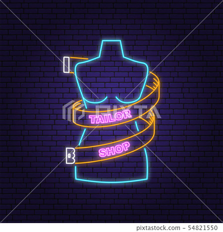 Tailor shop neon design or emblem. Vector.... - Stock Illustration ...