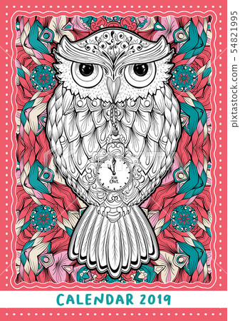 2019 Cover for Christmas Calendar with Owl Bird - Stock Illustration ...
