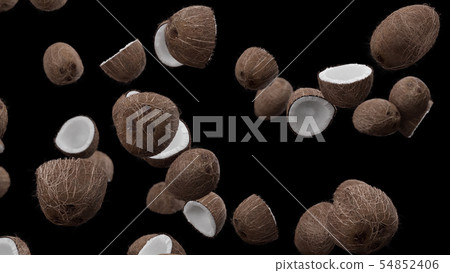 3D Render Falling coconuts on a black background - Stock Illustration ...