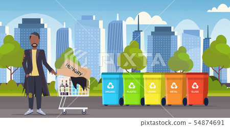 poor man pushing trolley cart with belongings... - Stock Illustration ...