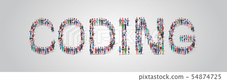people crowd gathering in shape of coding word... - Stock Illustration ...