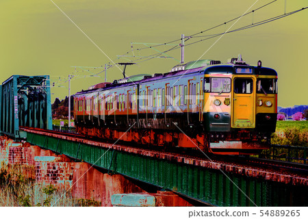 Local train 115 series image crossing the iron... - Stock Illustration ...