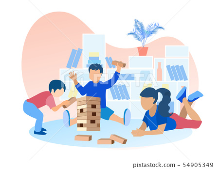 Two Boys and Girl Building Toy Brick Tower Cartoon - Stock Illustration ...