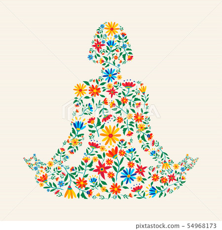Yoga meditation pose made of colorful flowers - Stock Illustration ...
