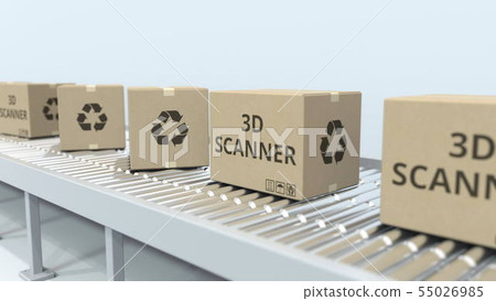 Cartons with 3D scanners on roller conveyor. 3D... - Stock Illustration ...
