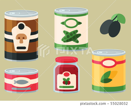 Collection of various tins canned goods food... - Stock Illustration ...