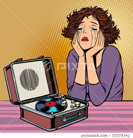 woman listening to sad music, retro vinyl... - Stock Illustration ...