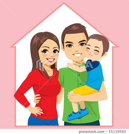 Happy young family under home roof concept - Stock Illustration ...