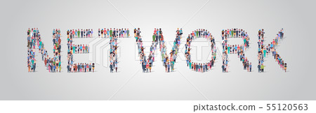 people crowd gathering in shape of network word... - Stock Illustration ...