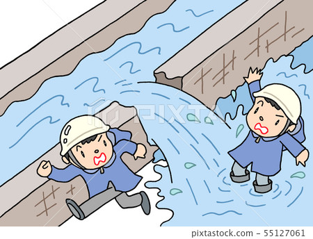 Illustration of levee break by river increase - Stock Illustration ...