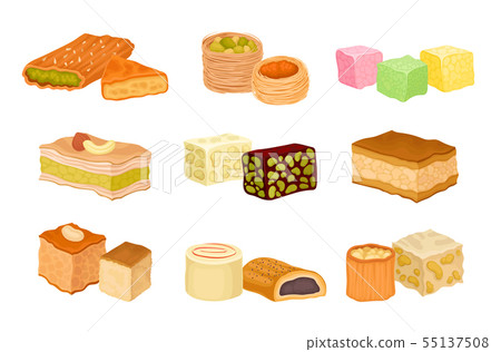 Set of Turkish sweets. Vector illustration on... - Stock Illustration ...
