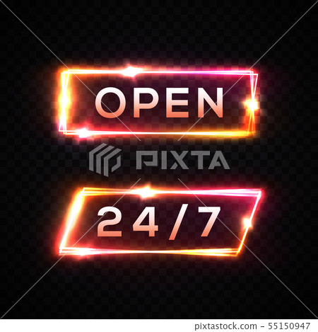 Neon light signboard 24 7 open time color set... - Stock Illustration ...