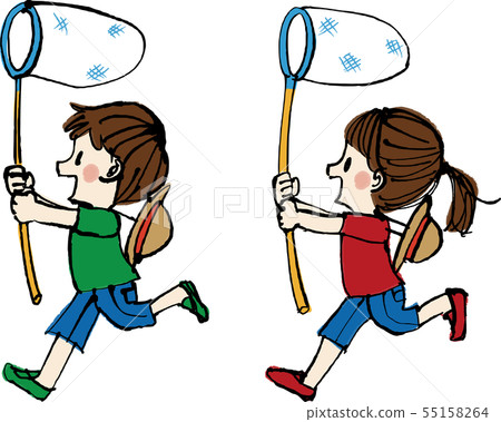 Illustration of children running with insect net - Stock Illustration ...