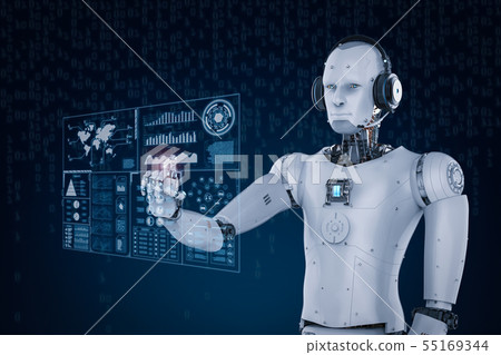 robot wearing headset and working with virtual - Stock Illustration ...