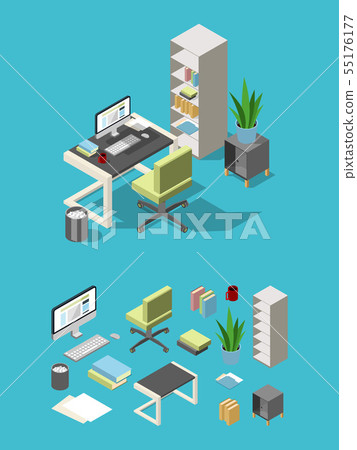 Isometric office workspace with different... - Stock Illustration ...