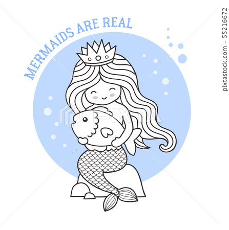 Little princess mermaid with big fish. - Stock Illustration [55216672 ...