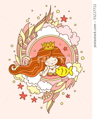 Lying mermaid with golden fish. - Stock Illustration [55217712] - PIXTA