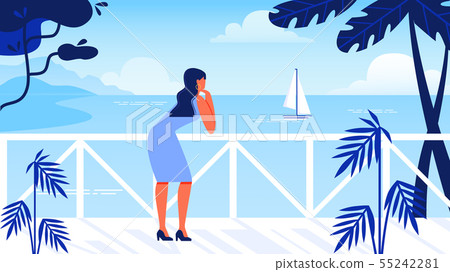 Woman Stands on Waterfront Looks Sea and Sailboat. - Stock Illustration ...