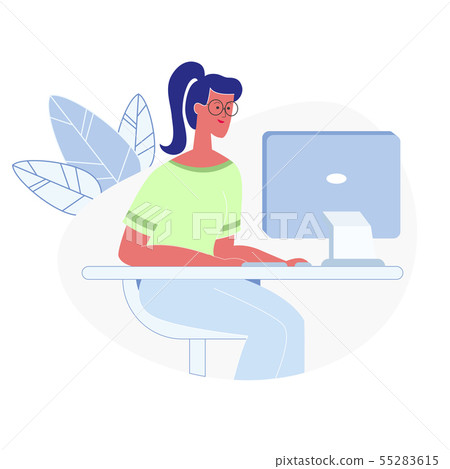 Woman Working on Computer Flat Vector Illustration - Stock Illustration ...