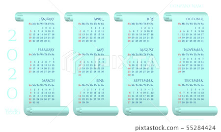 Quarterly calendar 2020 on mint-colored parchments - Stock Illustration ...