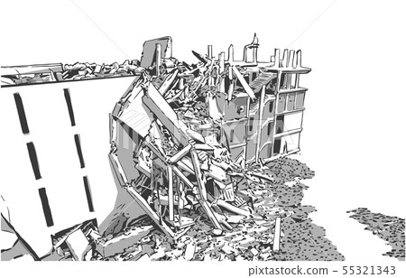 Collapsed building earthquake explosion fire - Stock Illustration ...
