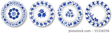 Set of blue porcelain plates with floral pattern - Stock Illustration ...