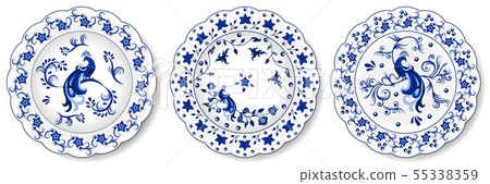 Set of blue porcelain plates with floral pattern - Stock Illustration ...