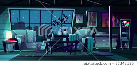 cartoon living room at night, interior - Stock Illustration [55342156 ...