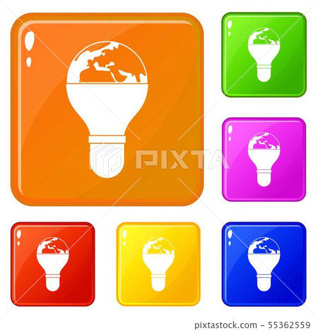 Light bulb and planet Earth icons set vector color - Stock Illustration ...