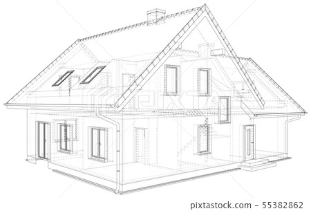 Perspective wireframe of house exterior. Vector... - Stock Illustration ...