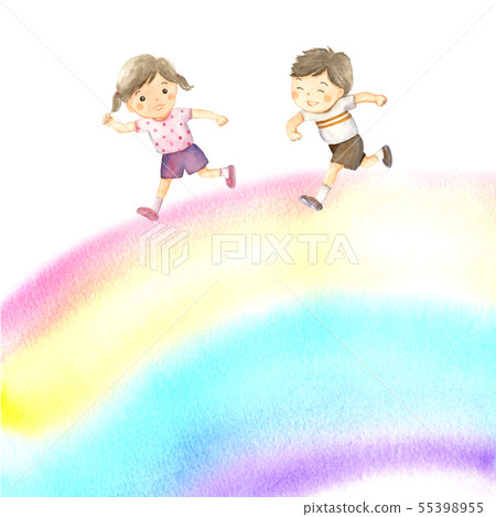 Children running a rainbow Watercolor illustration - Stock Illustration ...