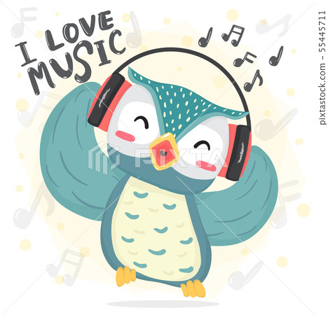 happy dance blue owl listen music and sing song - Stock Illustration ...
