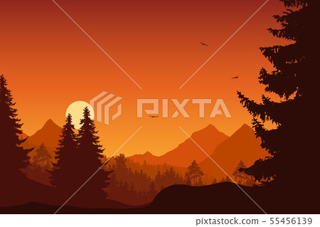 Mountain landscape with forest, under a orange sky - Stock Illustration ...