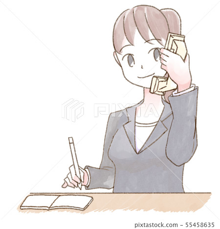 Watercolor person desk work woman smile phone - Stock Illustration ...