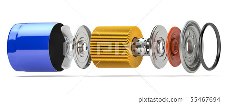 Car oil filter isolated on white. Exploded view. - Stock Illustration ...