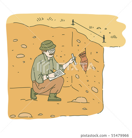 Male archaeologist sitting in pit and... - Stock Illustration [55479966 ...
