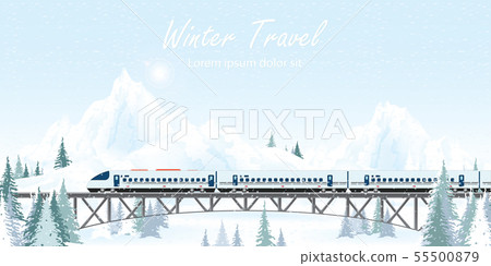 Speed train on railway bridge on winter landscape. - Stock Illustration ...