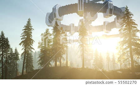 UFO hovering over a forest at sunset with light - Stock Illustration ...