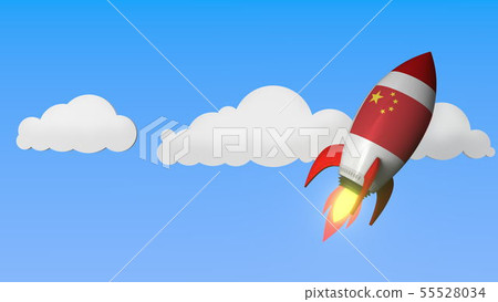Rocket with flag of China flies in the sky.... - Stock Illustration ...