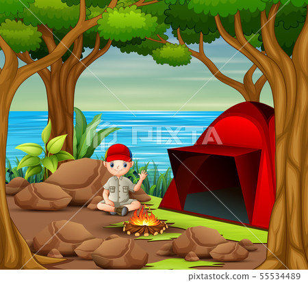 Boy scout sitting at camping site - Stock Illustration [55534489] - PIXTA