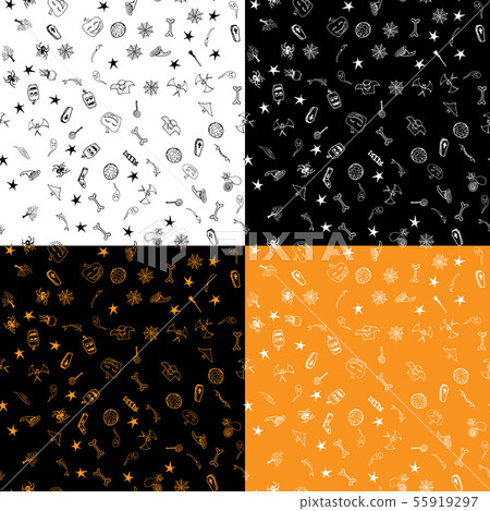 Halloween doodle seamless pattern set isolated on - Stock Illustration ...