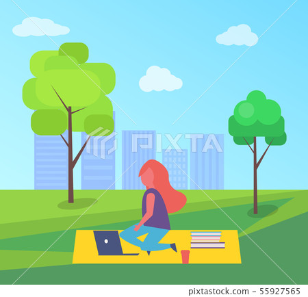 Girl Having Rest Sitting on Rug in Park Cartoon - Stock Illustration ...