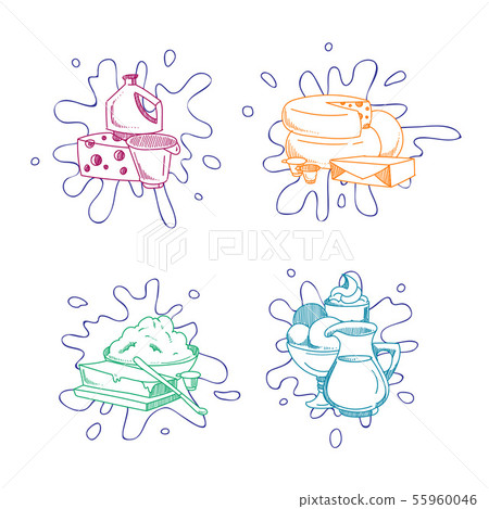 Vector piles of milk products set with milk...-插圖素材 [55960046] - PIXTA圖庫