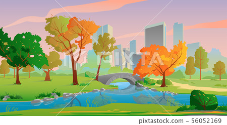 Autumn city landscape with river and yellow... - Stock Illustration ...