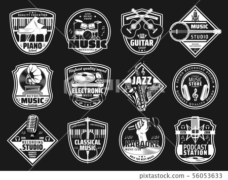 Music instrument shop sign, recording studio label - Stock Illustration ...