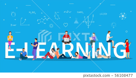 E-learning concept. Young people with tablet - Stock Illustration ...