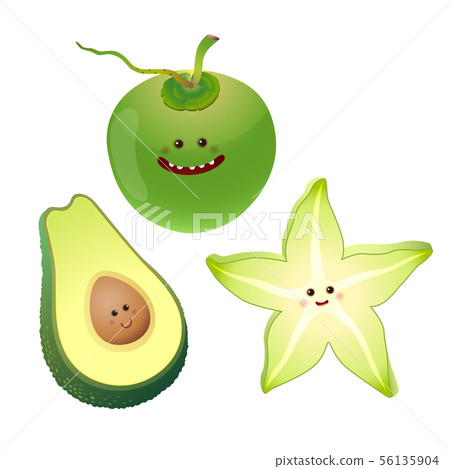 cute fruits-avocado, star fruit, coconut - Stock Illustration [56135904 ...